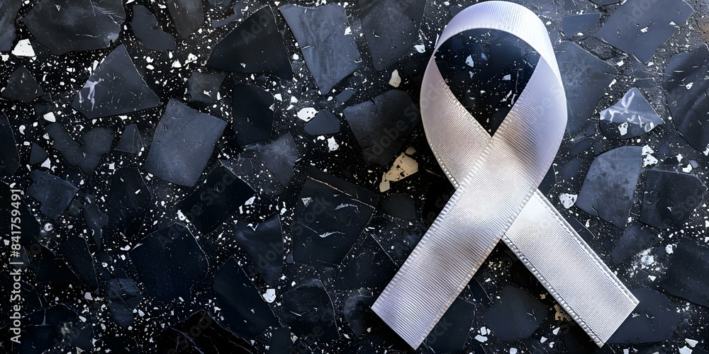 White cancer ribbon on black terrazzo background for MS awareness ...