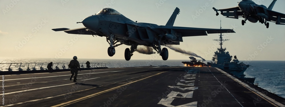 Comprehensive outlook of a military aircraft carrier, with fighter jets ...