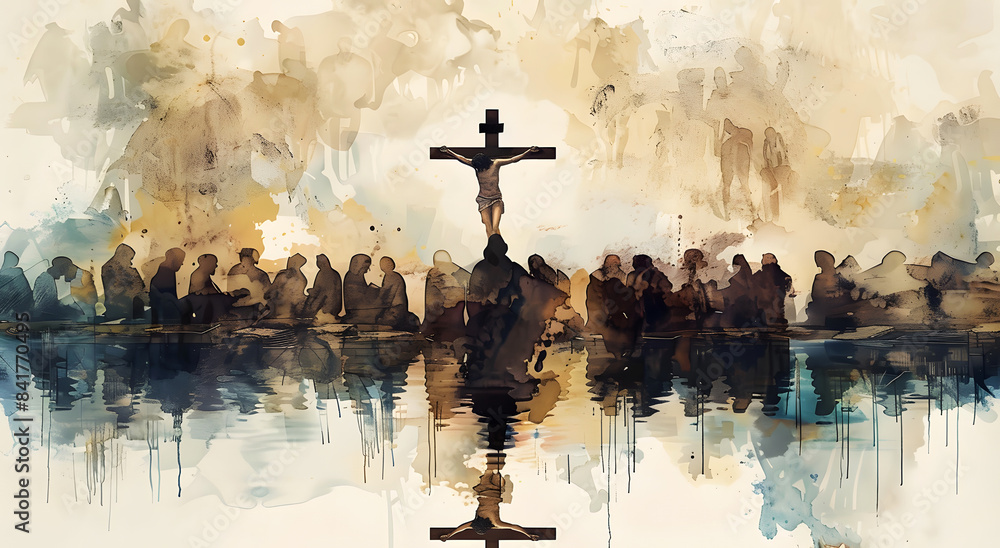 Watercolor scene of Jesus on the cross. The concept of a punk stormy ...