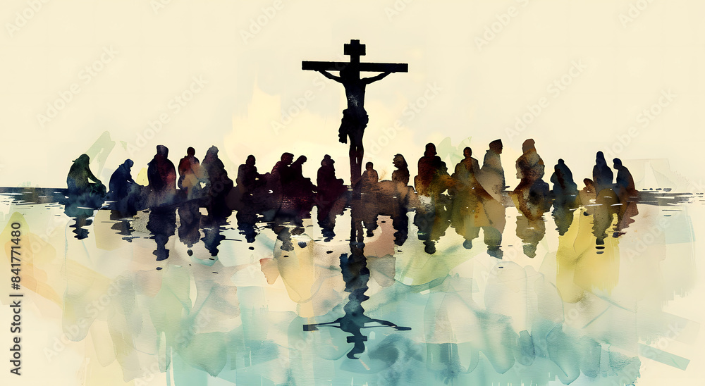 Watercolor scene of Jesus on the cross. The concept of a punk stormy ...