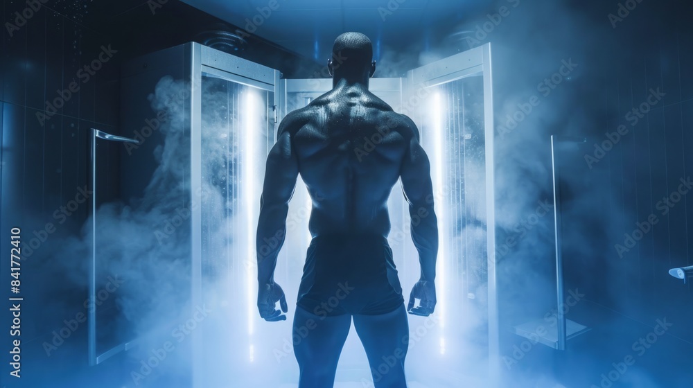 A muscular man stands inside a cryotherapy chamber, with his back to ...
