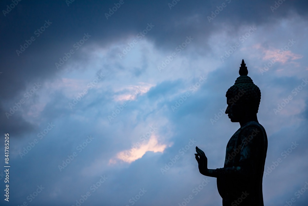 Stand big Buddha Statue in silhouette sun set Light background in park ...