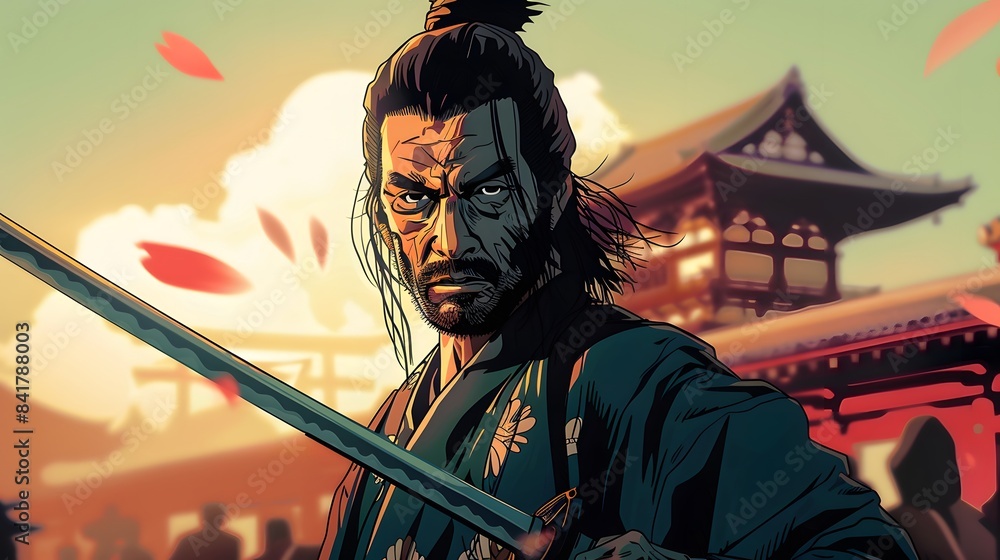 Illustrated samurai warrior with a sword in traditional attire ...