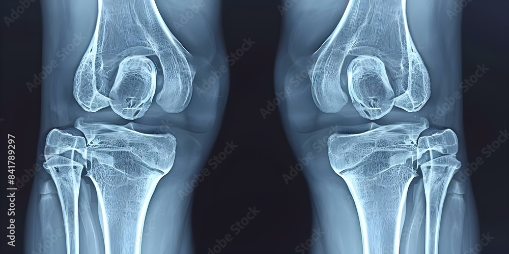 X-ray showing knee joint replacement with visible empty space. Concept ...