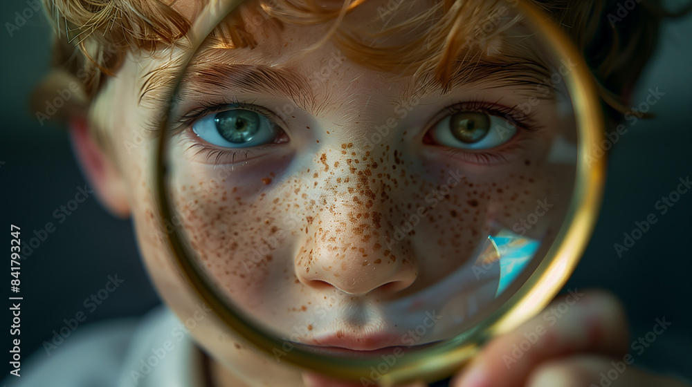 Curious young boy with magnifying glass exploring and discovering Stock ...