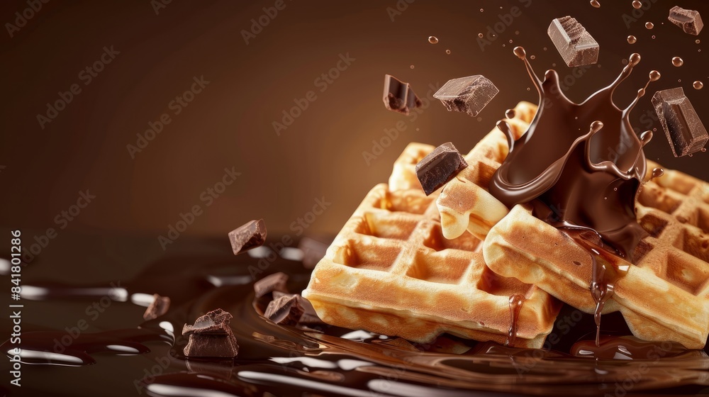 realistic crispy waffle with splash of melted chocolate isolated on ...