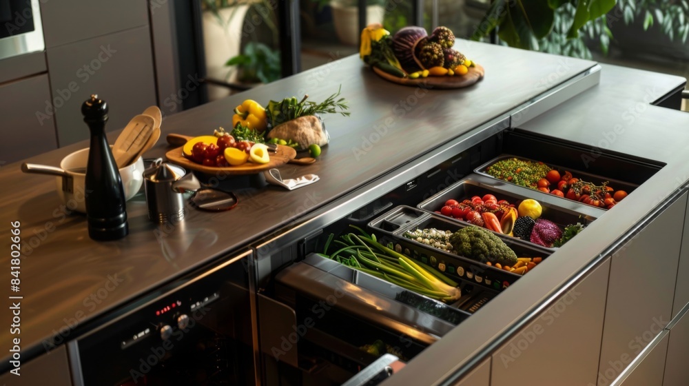 A smart kitchen with integrated waste management systems, featuring ...