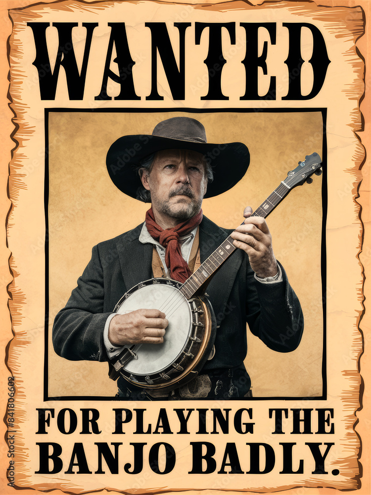 A wanted poster featuring a serious cowboy playing a banjo. Text reads ...