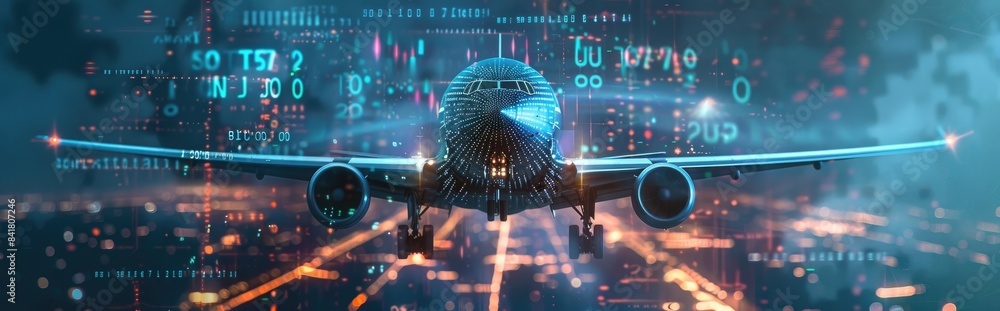 3D airplane flying on a data technology background with graphs and ...