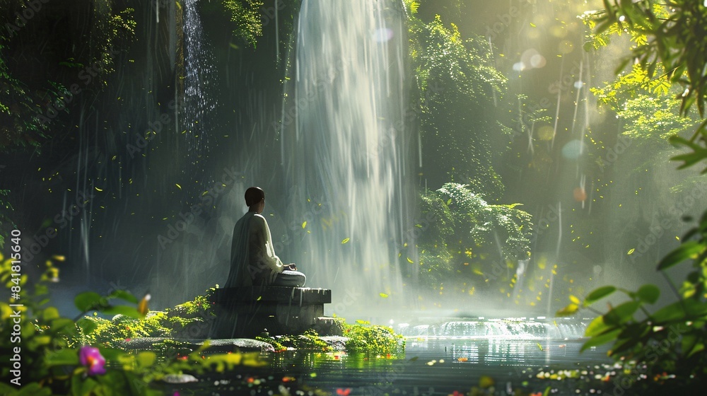 Monk meditating peacefully in front of a serene waterfall, surrounded ...