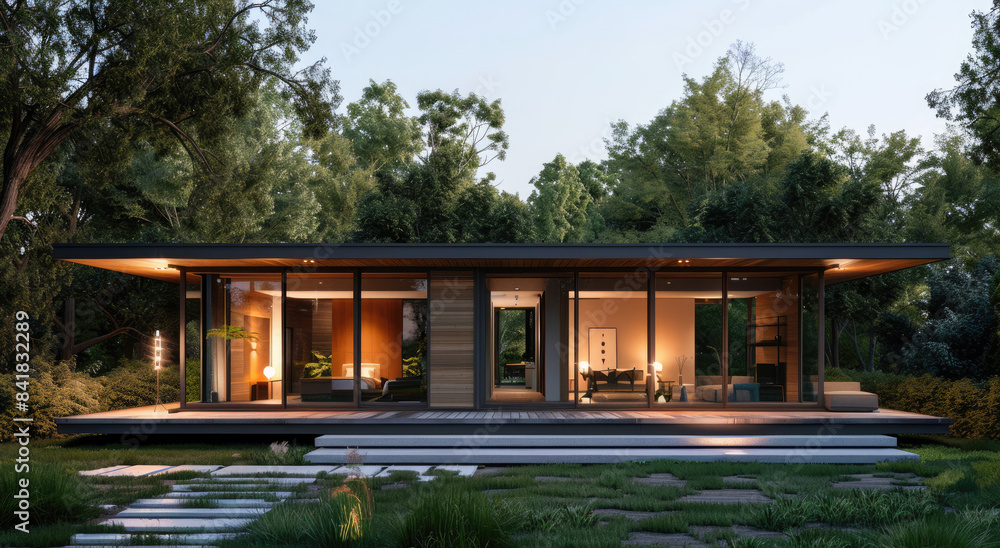 rendering of contemporary small house with flat roof, two bedroom and ...