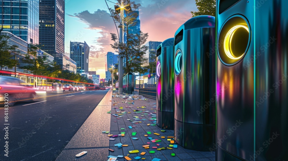 Smart bins equipped with IoT sensors in a high-tech city, featuring ...