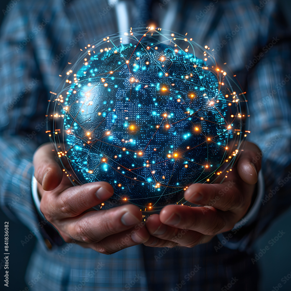 biometric security: businessman holds global business globe with ...