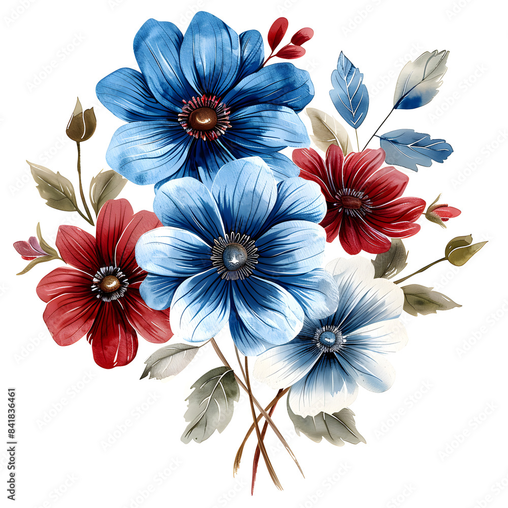 Watercolor clipart of red, blue, and white flowers for 4th of July ...