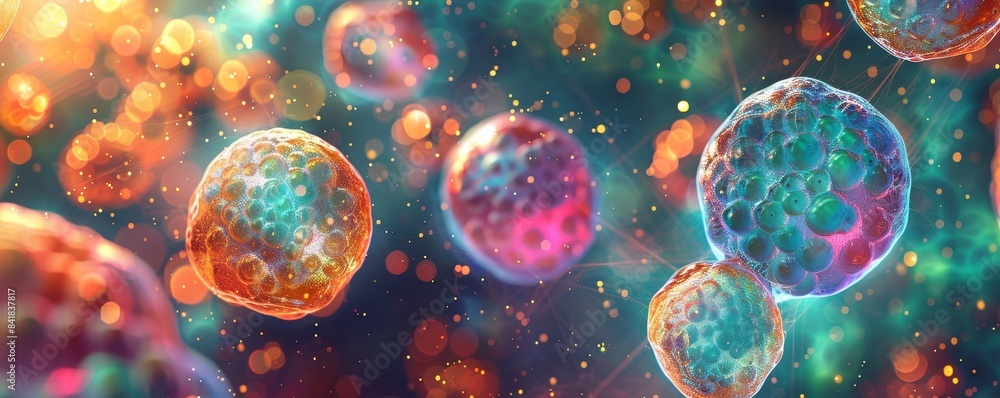 Artistic depiction of undifferentiated stem cells, with a scientific ...