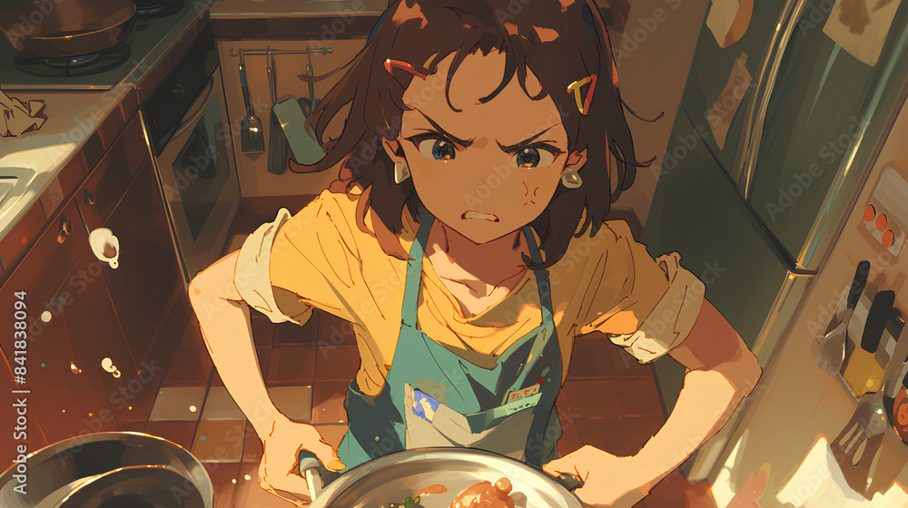 angry girl in the kitchen wearing an apron, anime style Stock ...