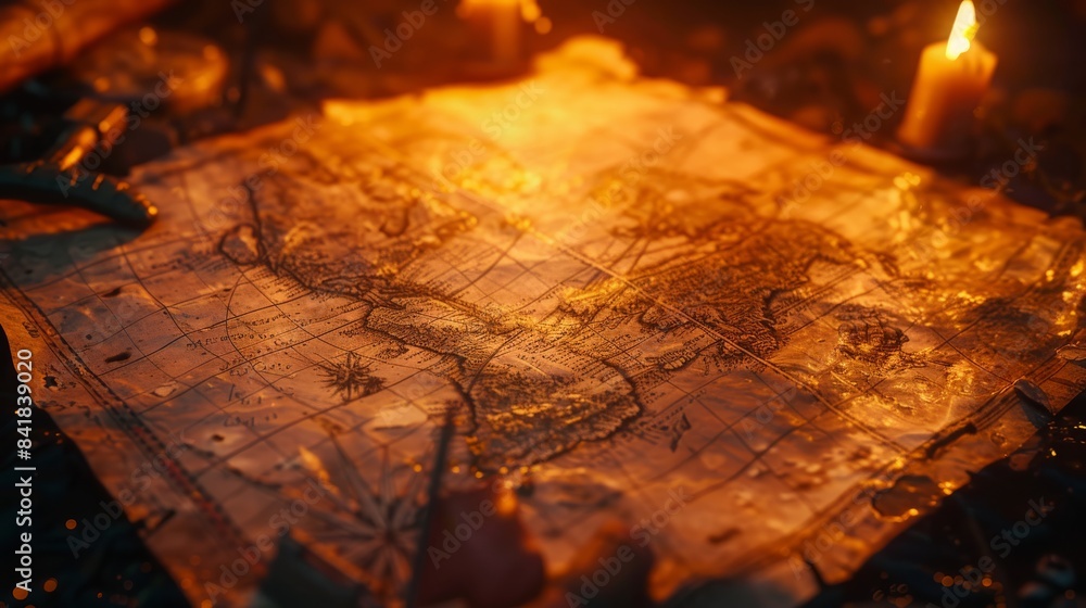 Visualize a captivating scene with an antique map glowing in ...