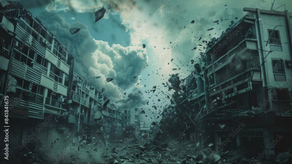 Stunning earthquake scene in a city, buildings collapsing and streets ...