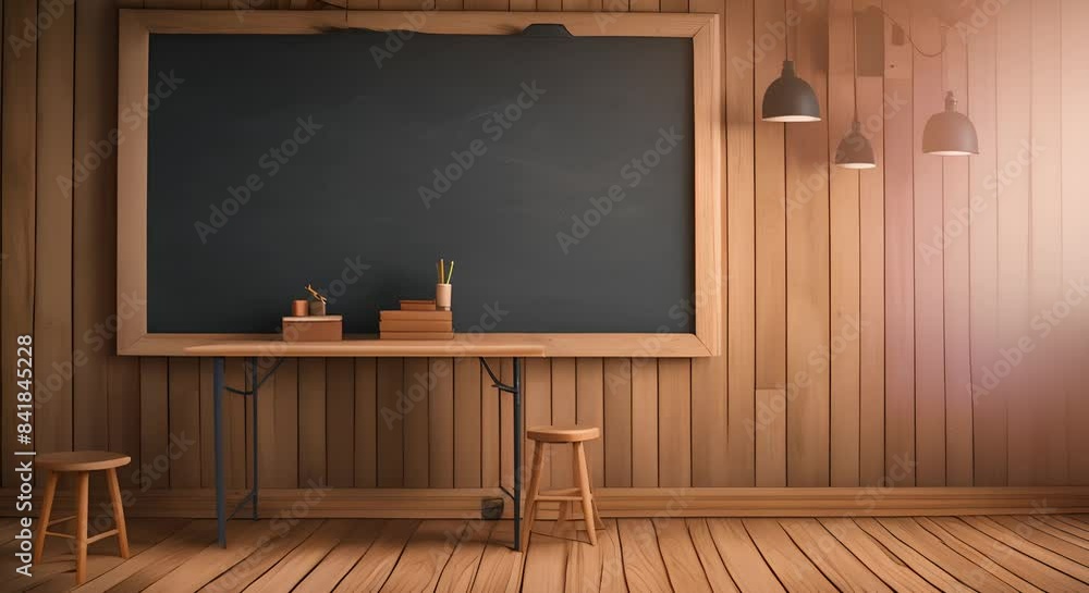 A simple classroom with wooden floors and wooden walls has a blackboard ...