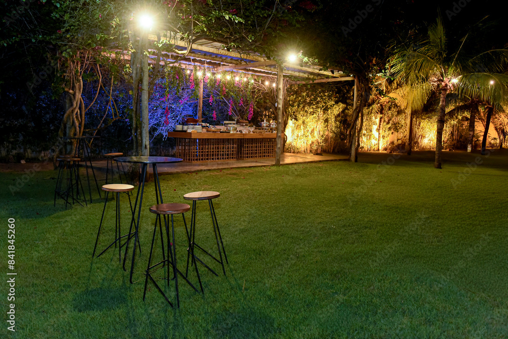 restaurant at night, stage, proscenium ,night in the garden, concert ...