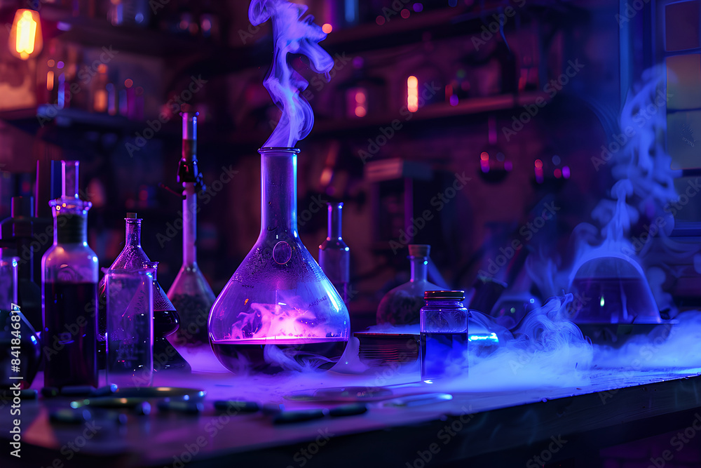 Bottle of poison potion in laboratory room releasing dangerous gas ...