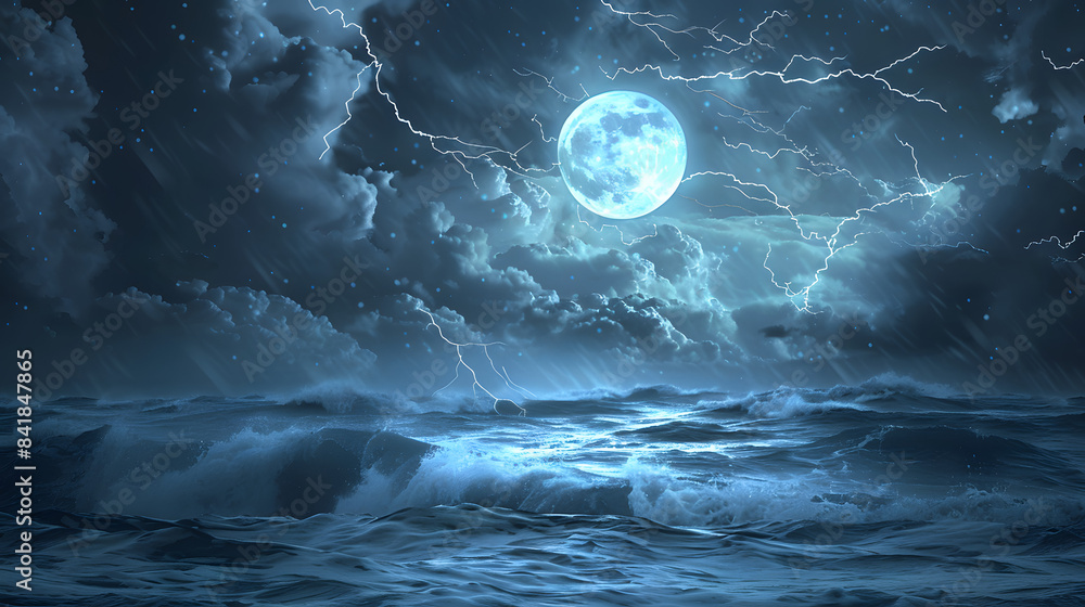 ภาพประกอบสต็อก night sky with full moon and lightning in the clouds on ...