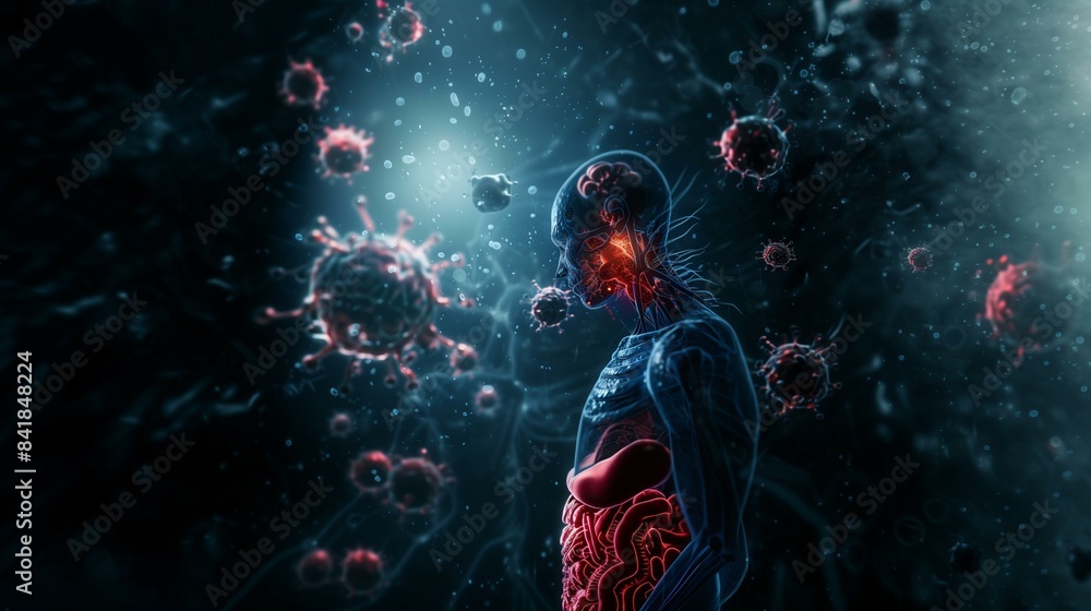 Transparent human body with red glowing internal organs virus cell ...