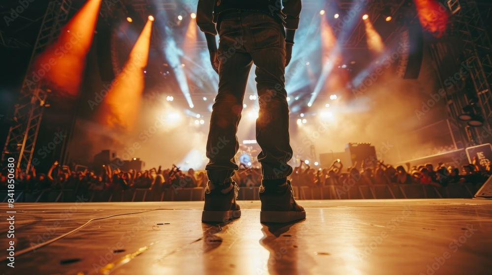 A single person stands alone on a stage, facing a large crowd of ...