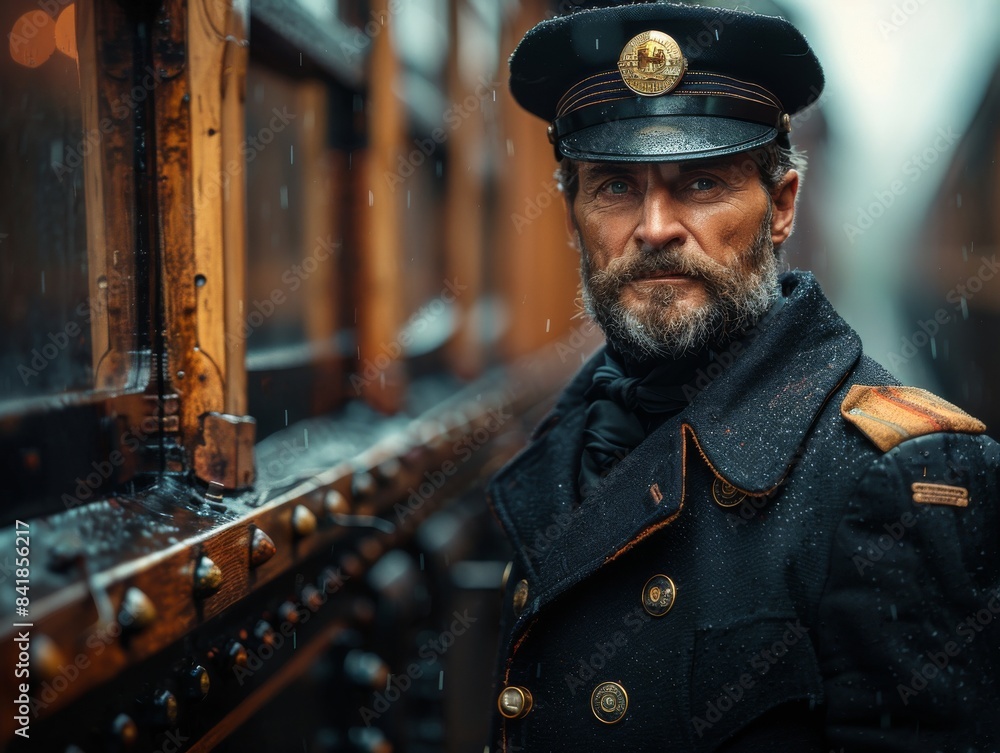 Vintage Train Conductor Standing by Old Steam Locomotive - Nostalgic ...