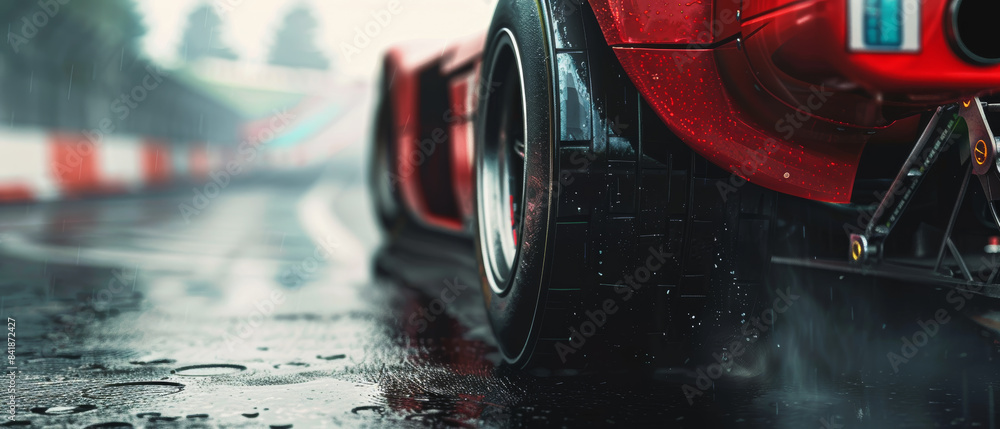 An intense close-up of a race car tire on a wet track with water ...