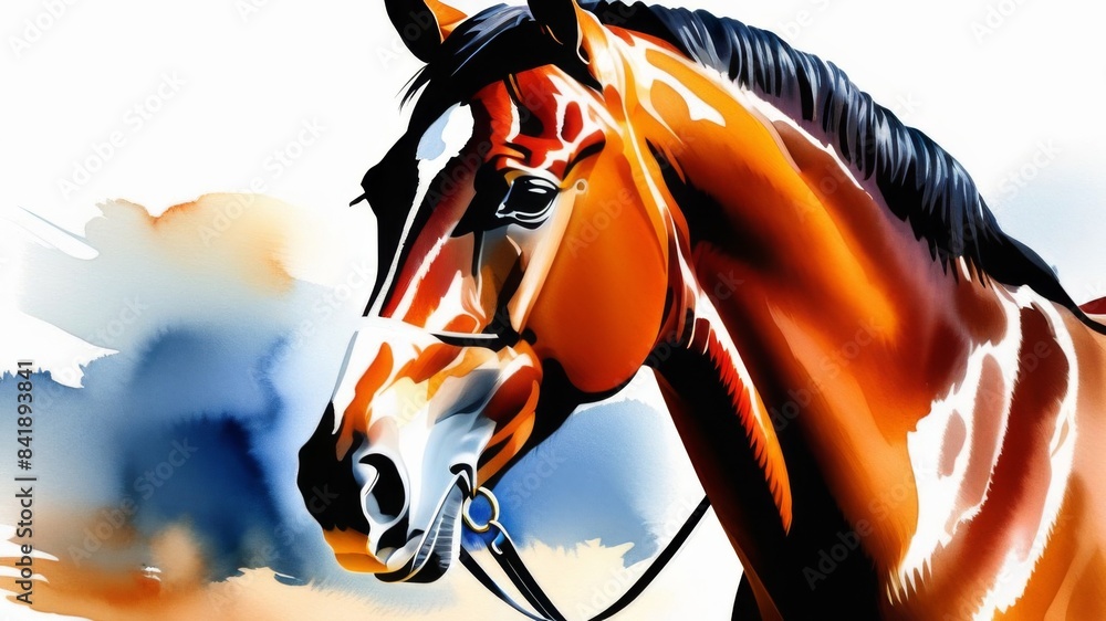 Watercolor horse painting isolated on white background with splash ...