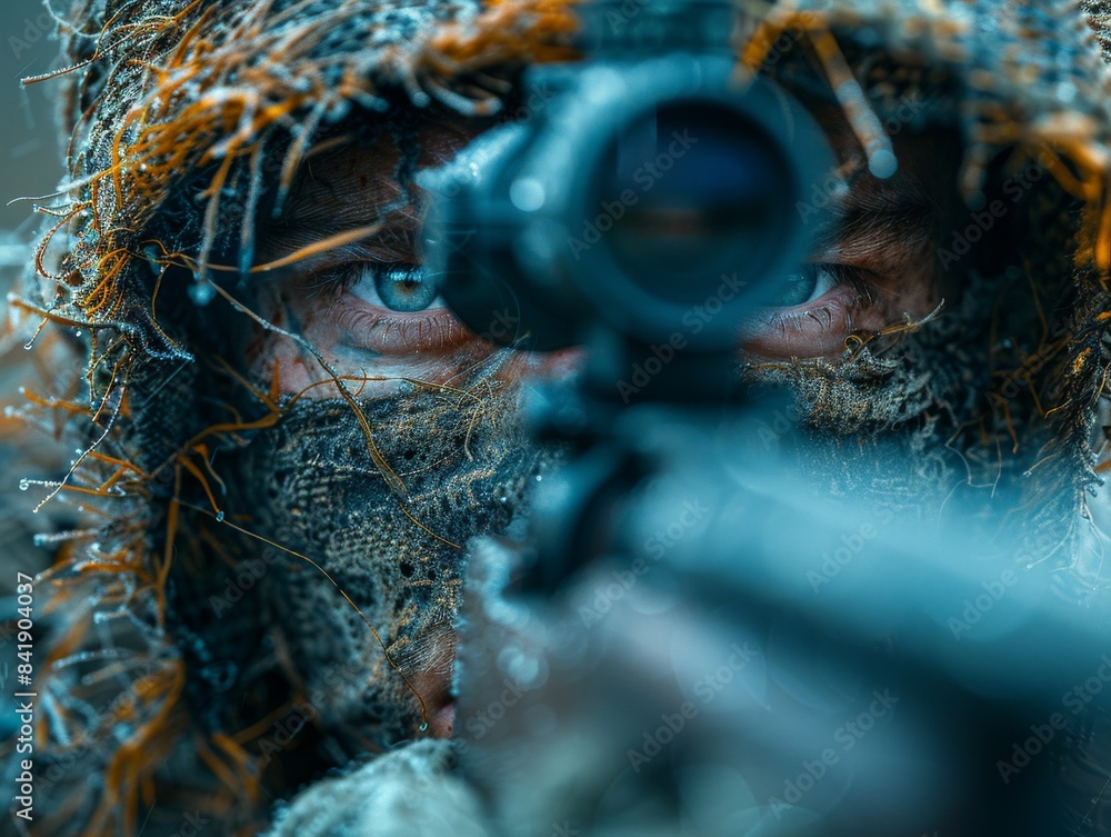 Stealthy Sniper in Ghillie Suit Close-Up with Double Exposure ...