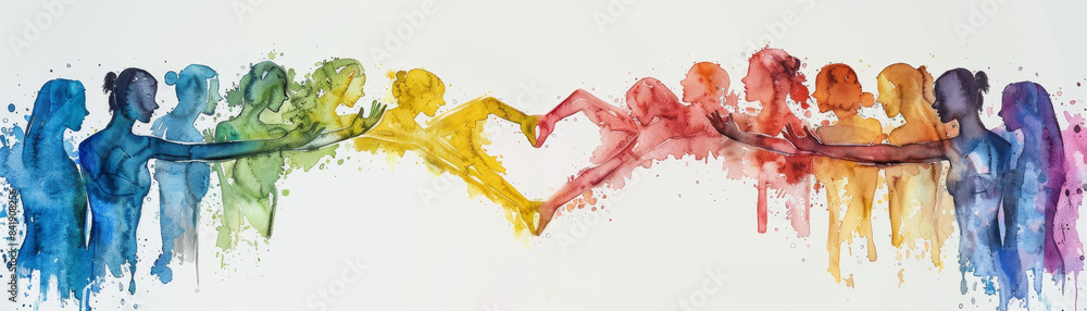 Vibrant watercolor painting of connected people forming a heart ...