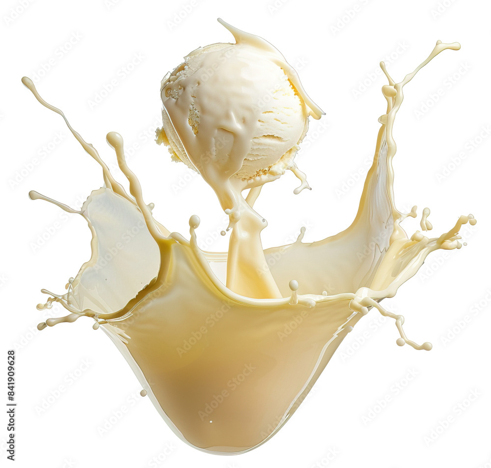 Vanilla splash with ball of vanilla ice cream inside on transparent ...
