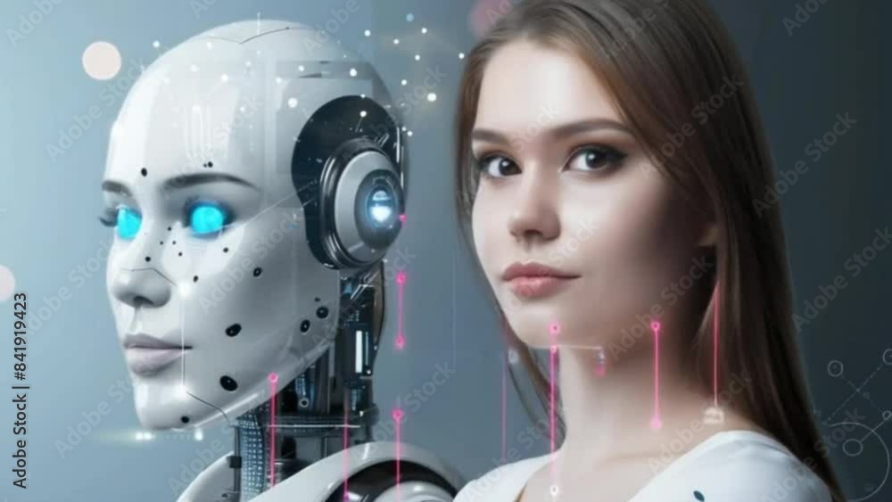 Jóven y bella mujer humanoide, mitad humana, mitad robot observa un ...