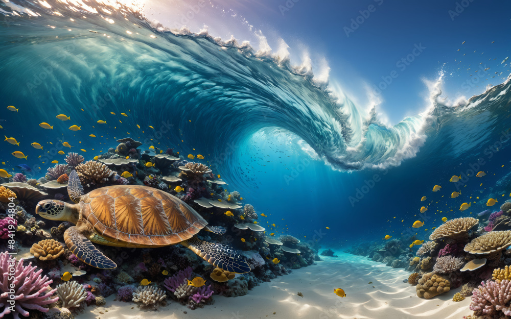 Tidal tsunami wave breaking over barrier coral reef, under the sea ...