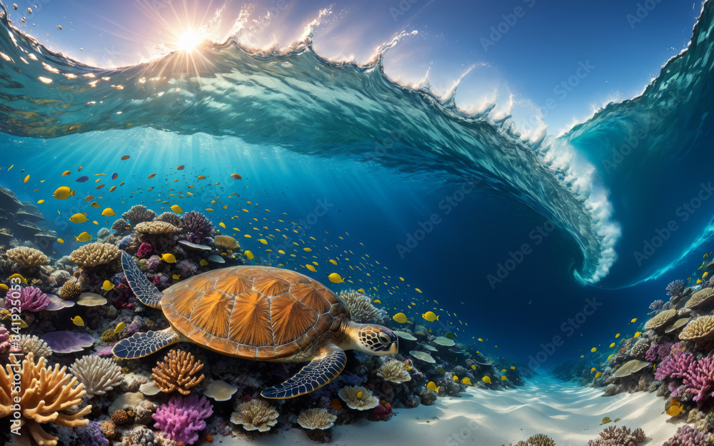 Tidal tsunami wave breaking over barrier coral reef, under the sea ...