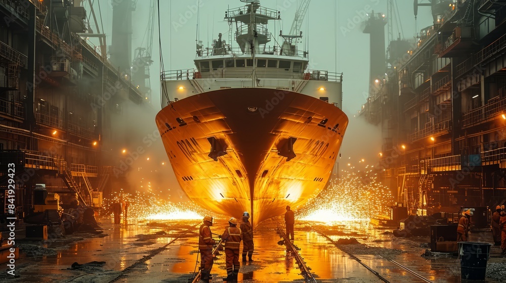 An industrial shipyard filled with the sound of workers inspecting and ...