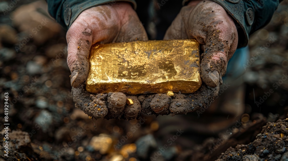 Excited treasure hunter holding a shiny gold ingot, triumphantly ...