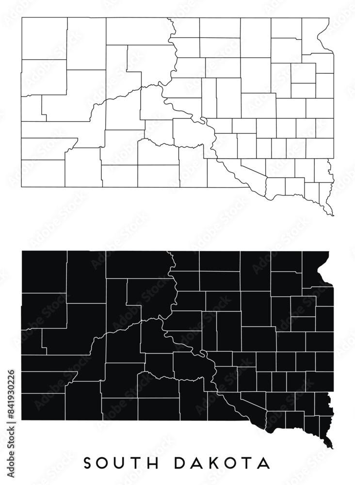 South Dakota state map of regions districts vector black on white and ...