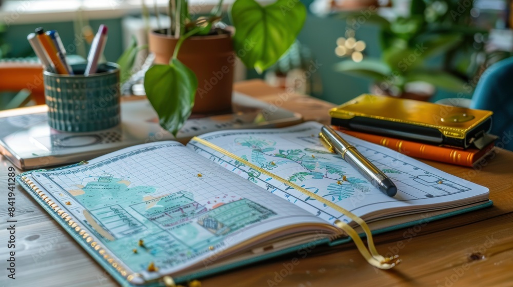 Focused image of an advanced bullet journal spread with artistic ...