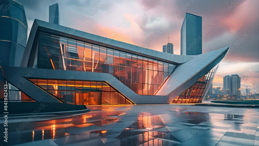 Modern architecture in a triangular shape with steel, concrete, and ...