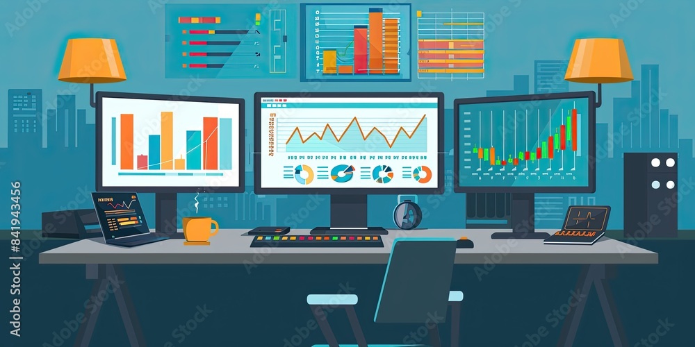 Trading desk setup, flat design, side view, financial analysis theme ...