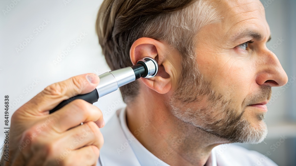 close-up view of a person’s ear being examined using an otoscope. The ...