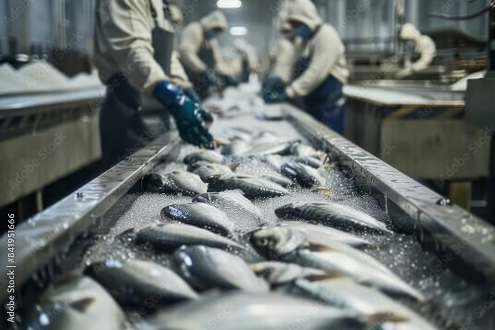 A fish sorting process on a conveyor belt at an aquaculture facility ...