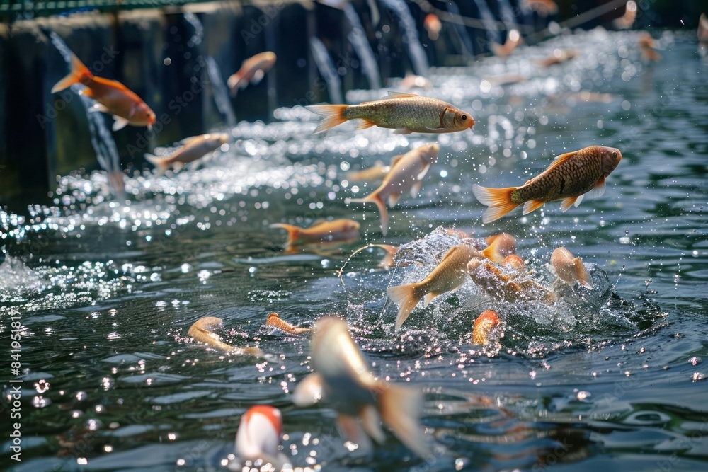 A fish farming pond during feeding time with fish jumping out of the ...