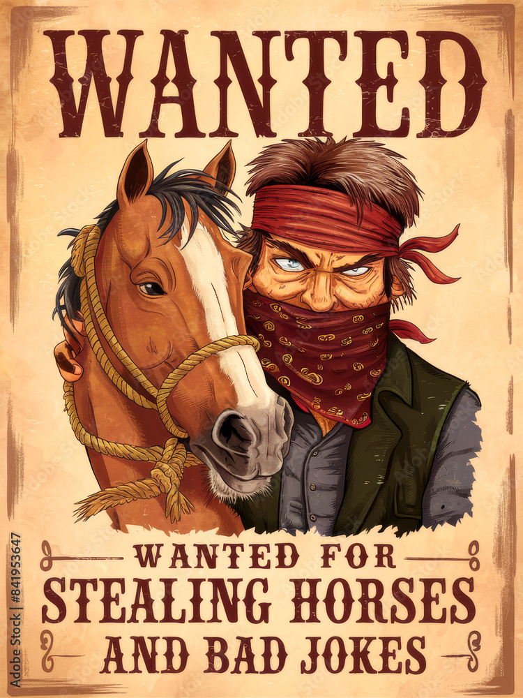A wanted poster shows a bandana-wearing outlaw with horse, accused of ...