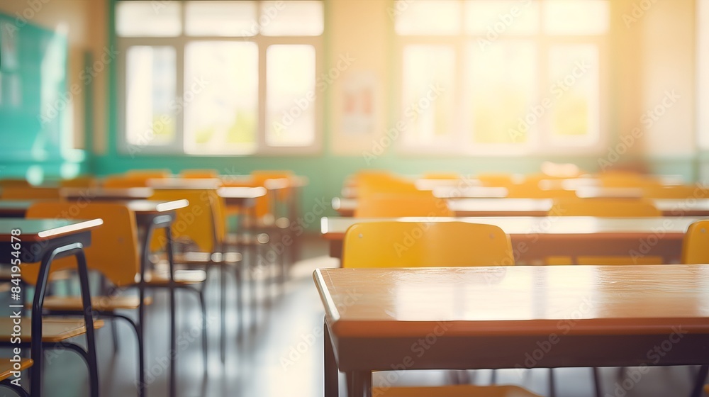 Empty school classroom with chairs and tables in focus, no students or ...
