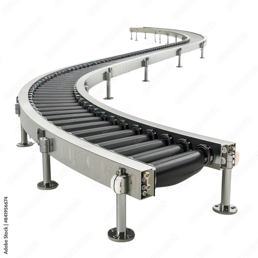 Curved industrial conveyor belt system on white background. Modern ...