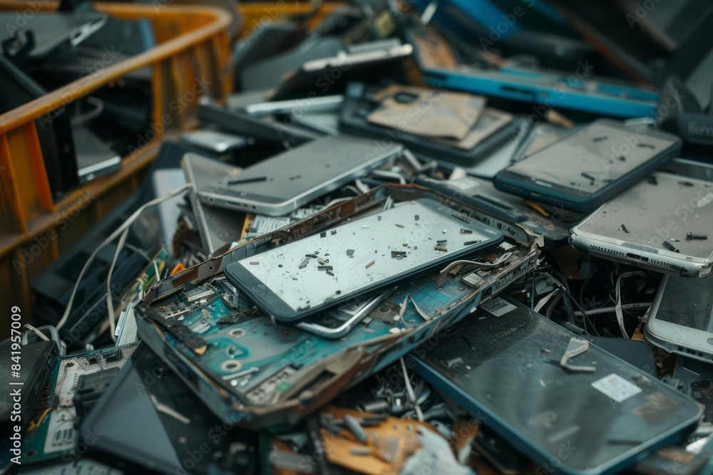 A variety of electronic waste such as old smartphones and laptops ready ...